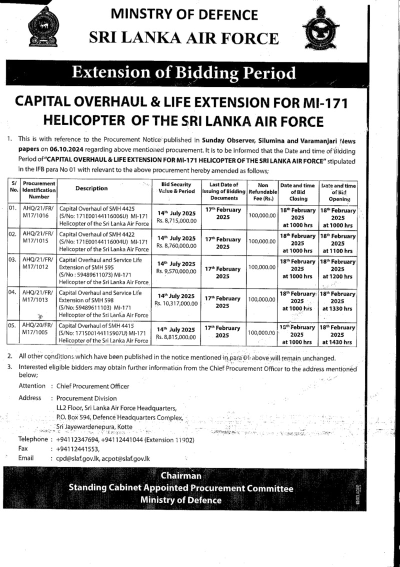 CAPITAL OVERHAUL & LIFE EXTENSION FOR MI-171 HELICOPTER OF THE SRI ...