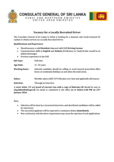 Vacancy for a Locally Recruited Driver - Consulate General of Sri Lanka ...
